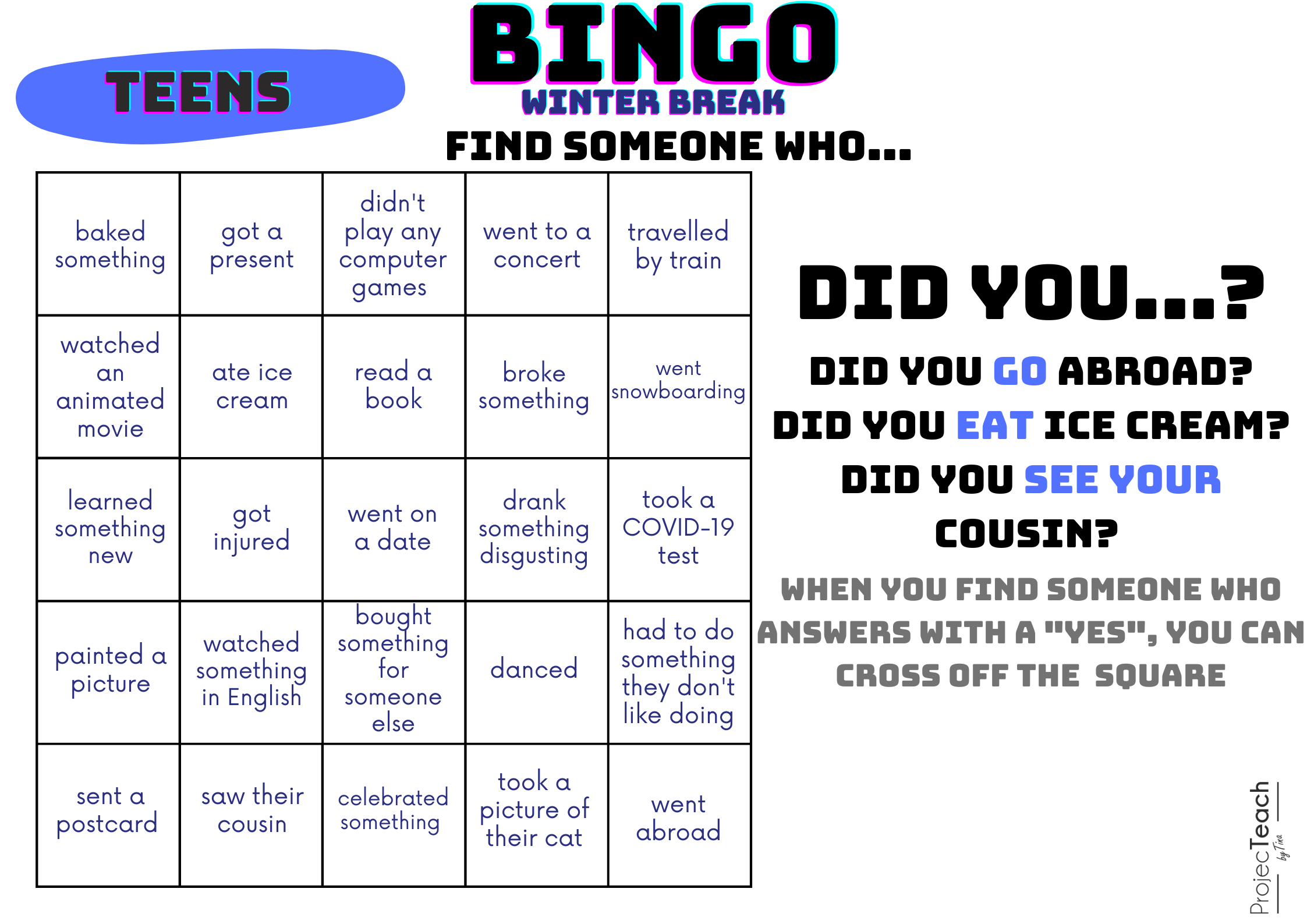 Winter Break Bingo – ProjecTeach by Tina