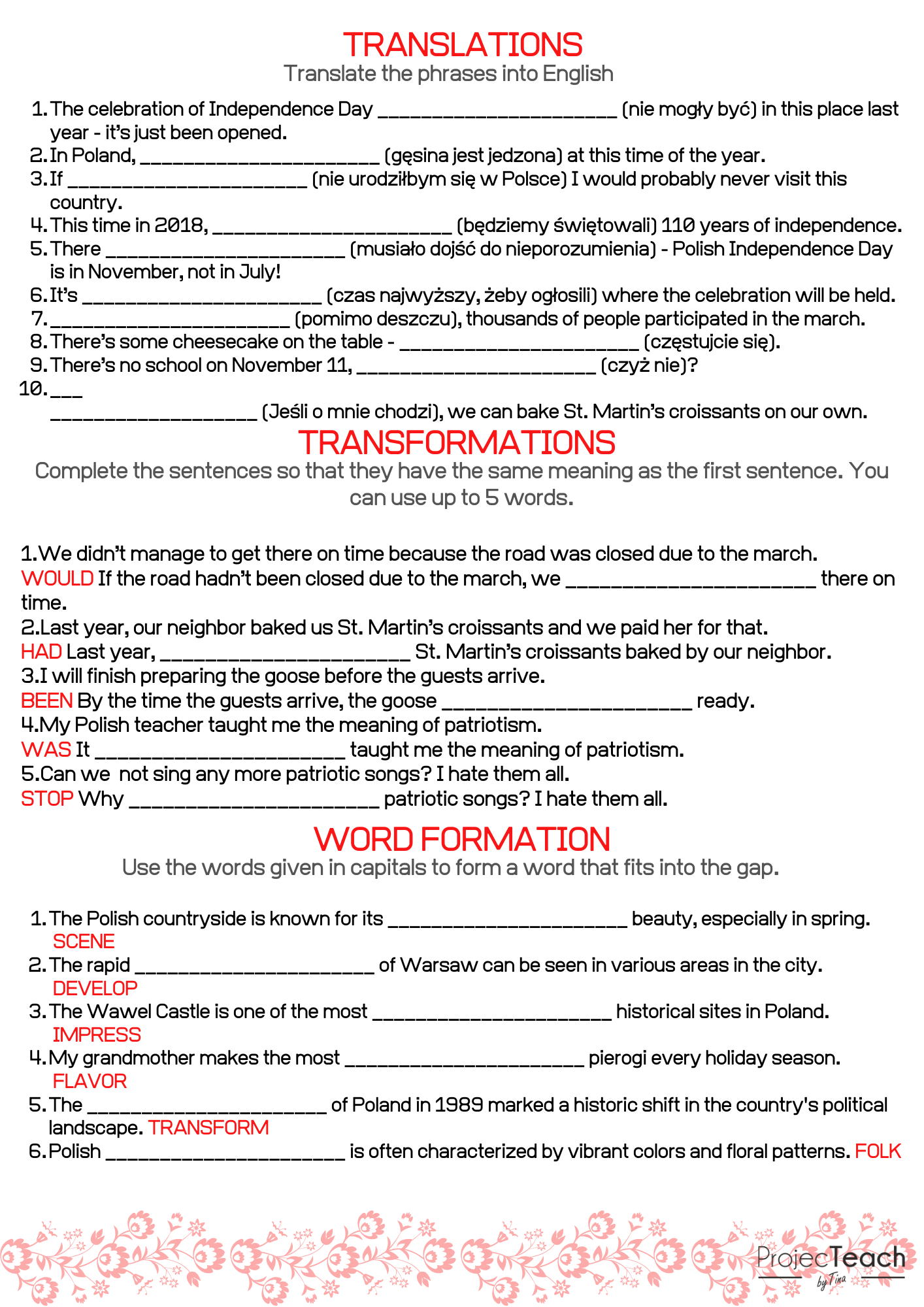 Polish Independence Day Exam Tasks B2/B2+ – ProjecTeach by Tina
